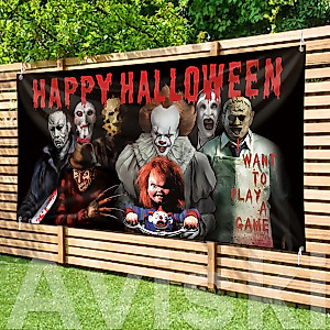 Horror Movie Classic Character Backdrop Banner, 78 × 43inch Halloween Party Background Large Backdrops Classic Movie Chainsaw Clown Horror Movie Supplies for Indoor Outdoor Photo Booth Props