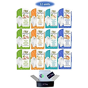 Purina Purely Fancy Feast Appetizers Cat Treats Flavor Variety Sampler Bundle of 12 Containers, (1.1 Ounces Each) with a Bundle a Plastic Noisy Cat Toy Ball and WMB's Sticker.