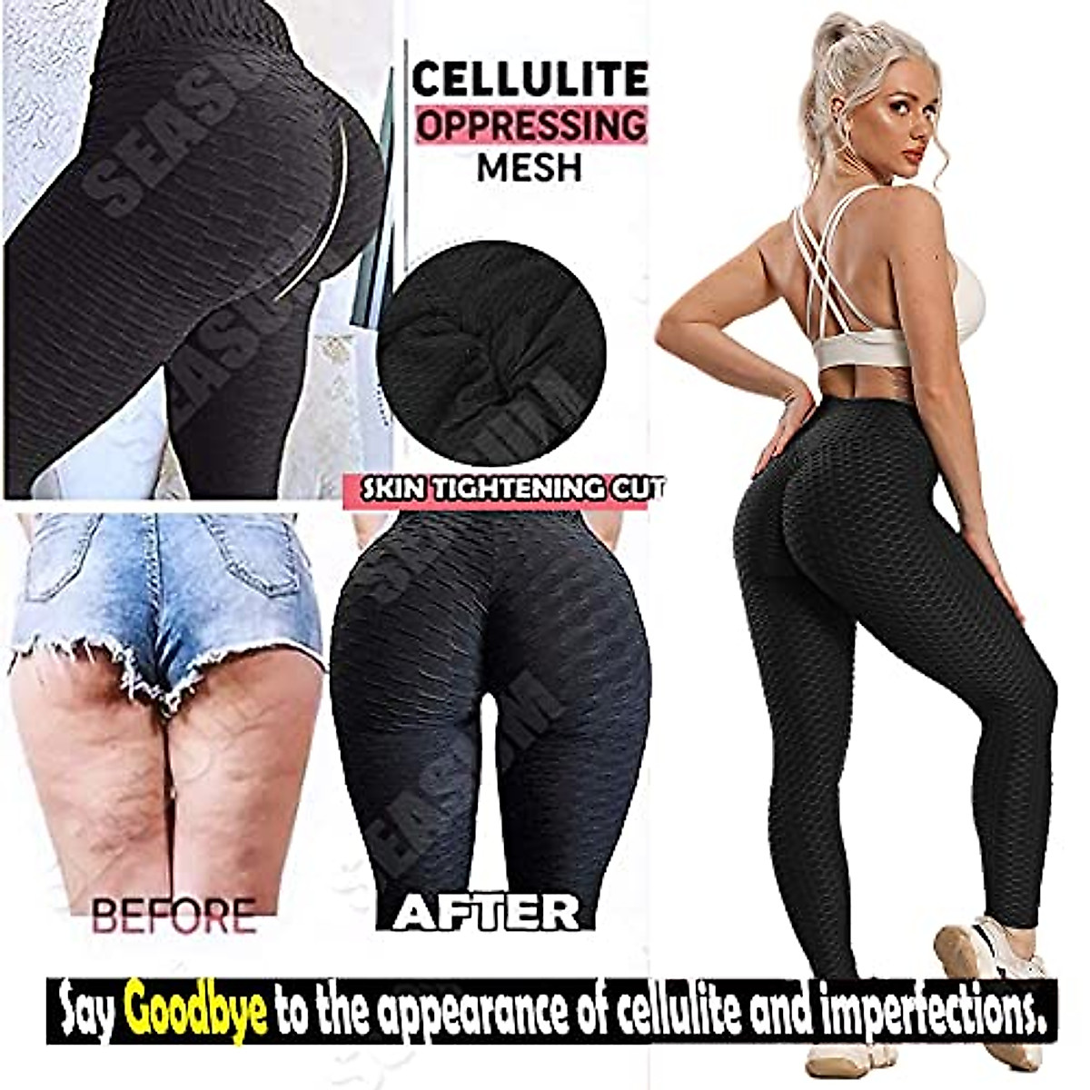 SEASUM Women's High Waist Yoga Pants Tummy Control Slimming Booty Leggings Workout Running Butt Lift Tights S A-Black
