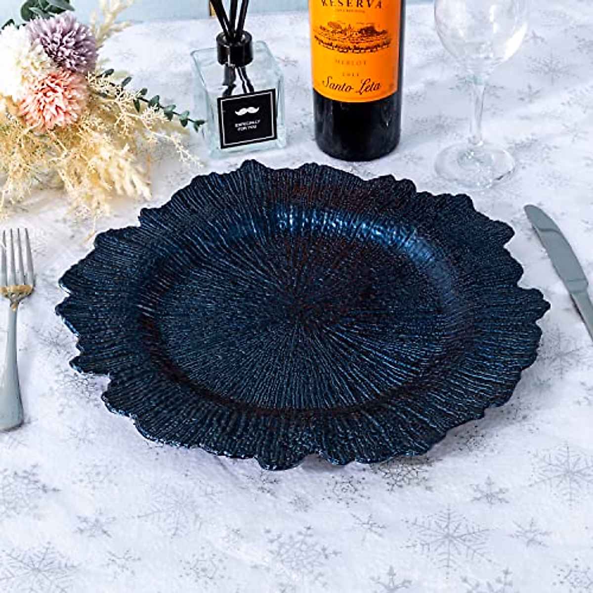 JRHCGH 13" Round Navy Blue Charger Plates Set Of 6, Plastic Reef Chargers for Dinner Plates, Wedding Supplies For All Holidays (Blue)