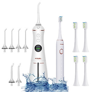 Water Flosser and Ultrasonic Electric Toothbrush Combo + 4 Pack Replacement Toothbrush Heads Compatible with ANWIEL