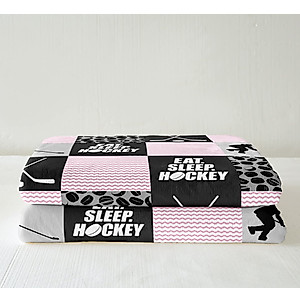 Ice Hockey Throw Blanket Throw 50"X60" Hockey Player Pucks Plush Bed Blanket For Teen Girls Kids,Eat Sleep Hockey Sherpa Blanket Sports Room Decor,Patchwork Check Plaid Fleece Blanket Pink Black Grey
