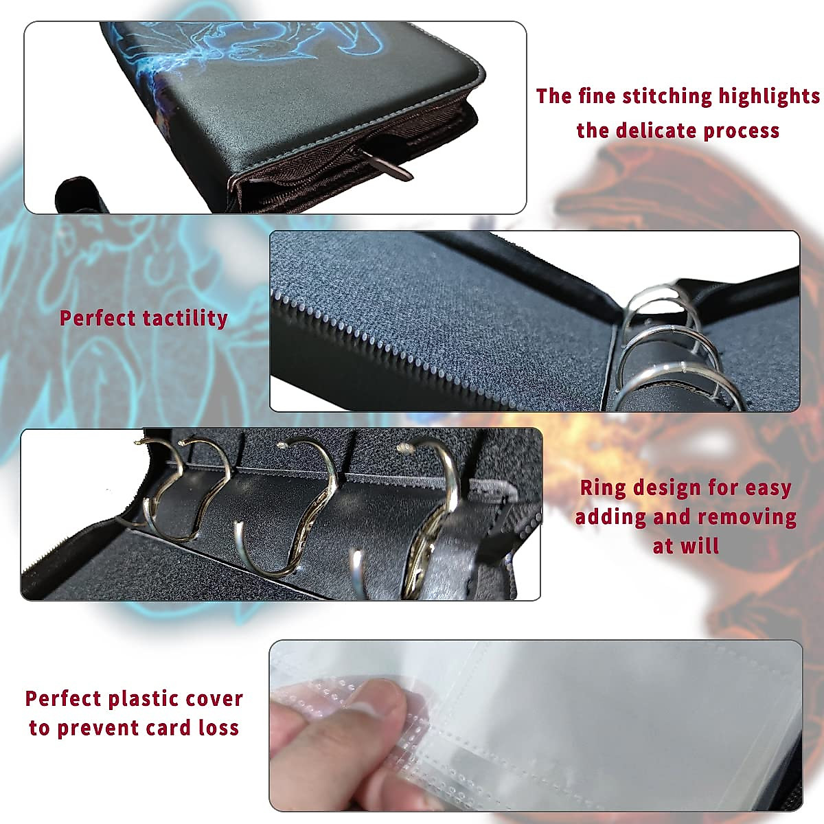 Trading Card Binder 4-Pocket for Trading Cards Holder Sleeves Portable Card Collector Book Fits 400 Cards with 50 Removable Sleeves Card Storage with Zipper Holder