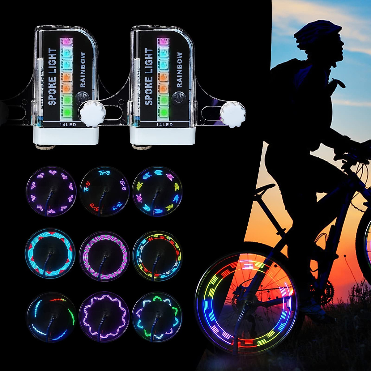 Bike Wheel Lights, Bike Spoke Lights Bicycle Wheel Lights Bike Lights for Wheels Double-Sided 14pcs LED Colorful 30 Changes Patterns Bike tire Lights Bike tire Accessories (Black 14LEDs-2pieces)