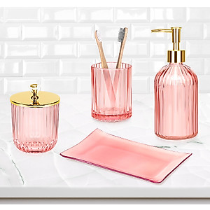 Haturi Bathroom Accessories Set, 4 Pcs Pink Glass Bathroom Accessories Sets Complete w/Lotion Soap Dispenser, Toothbrush Holder, Apothecary Jar, Vanity Tray, Bathroom Decor, Gift for Home Apartment