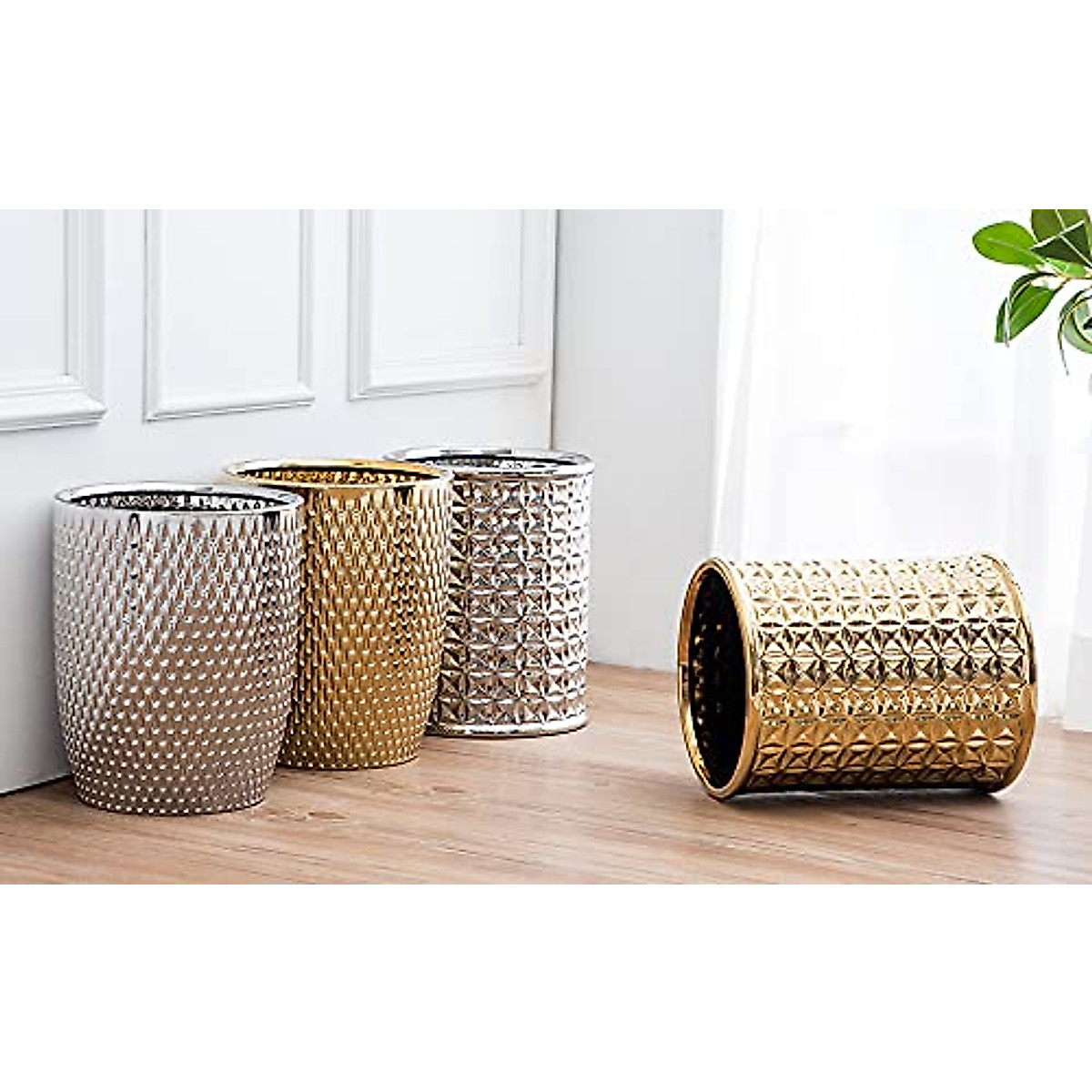 Round Silver Trash Can, Small Wastebasket, Garbage Receptacle Bin for Bathrooms, Powder Rooms, Kitchens, Home Offices - Durable Ceramics