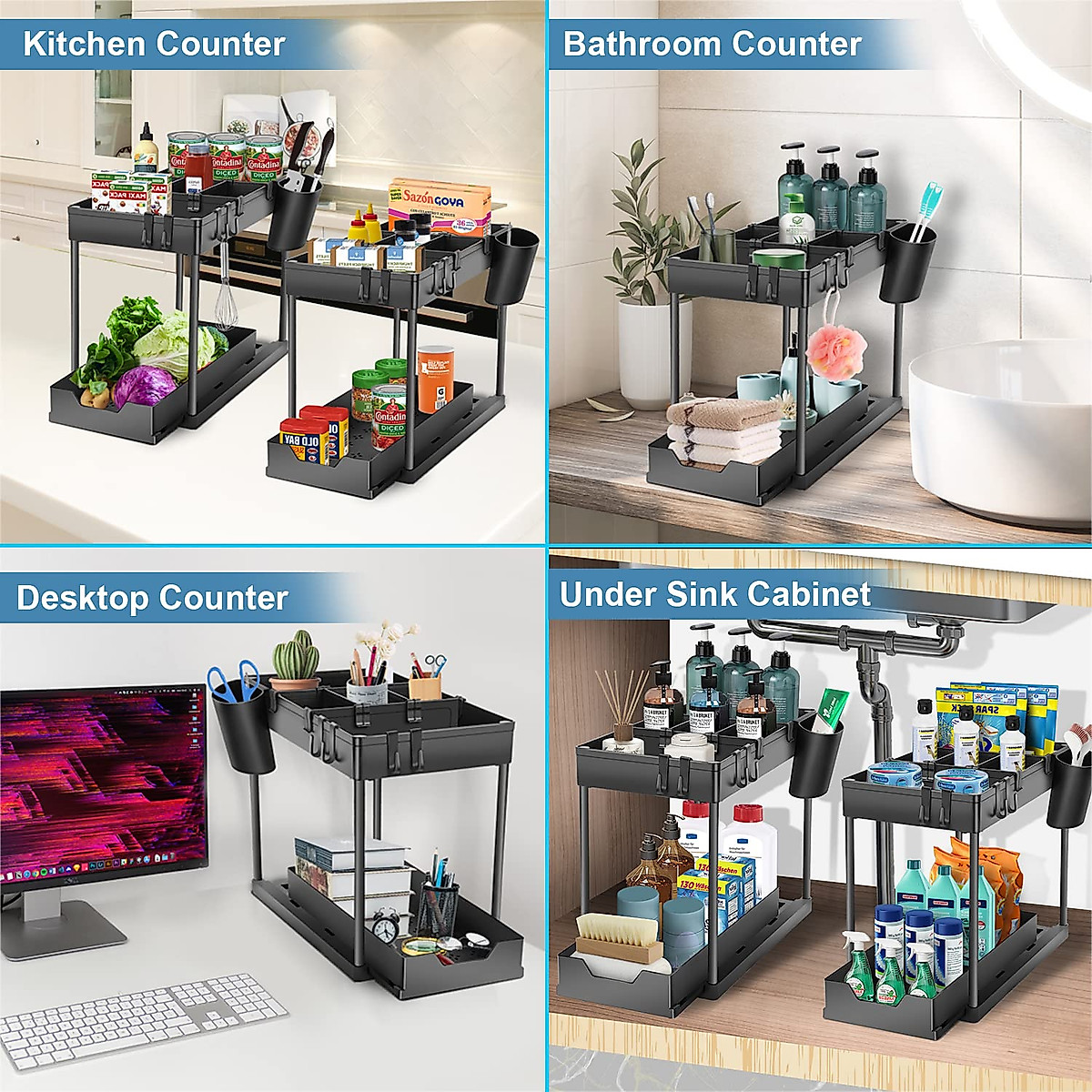 2 Tier Under Sink Organizers and Storage, 2 Pack Taller Sturdy Under Cabinet Organizer with Sliding Out Drawers Basket, Hooks, Cups, Bathroom Under Sink Cabinet Organizer Kitchen Organizer and Storage