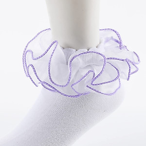 Yepami Big Girls Lace Socks Shimmering Cute Ruffle Comfortable Frilly Dress Ankle Socks 3 Pairs (Purple, Medium, 5_years)