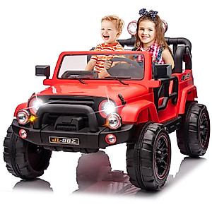 2 Seater Ride On Truck and Car Cover, 12V Children's Electric Car with Parental Remote Control, Music, MP3 Player, LED Lights, Spring Suspension, Red