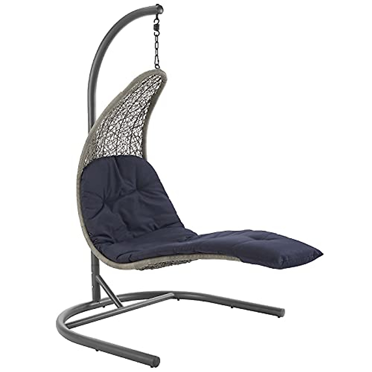 Modway Landscape Wicker Rattan Outdoor Patio Porch Chaise Lounge Hanging Swing Chair Set with Stand in Light Gray Navy