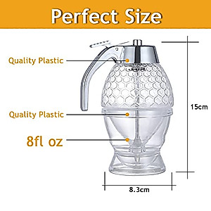 Honey Dispenser Syrup No Drip - Plastic Maple Syrup Dispenser - Beautiful Honey Comb Shaped Honey Pot - Honey Jar with Stand, Great Bee Decor