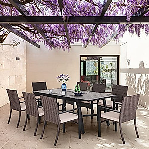 MFSTUDIO 9 Pieces Outdoor Patio Dining Set,Patio Furniture Set with Rectangular Extendable Metal Table and 8 Rattan Wicker Chairs,Beige Cushion Balcony,Garden,Backyard,Poolside
