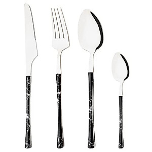 Snplowum 24-Piece Hanging Silverware Set With A Cutlery Rack, Mirror Stainless Steel Flatware With Imitation Marble Wooden Handle Service For 6, Black Silver