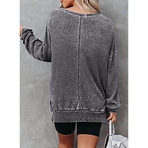 Dokotoo Women's Oversized Sweatshirt for Women Loose Fit Waffle Knit Casual Round Neck Womens Sweatshirts No Hood Long Sleeve Solid Color Shirt Lightweight Soft Tunic Tops Trendy Grey X-Large