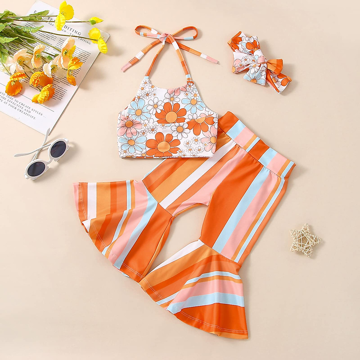 Ursobutegl Toddler Baby Girl Boho Outfits Floral Sleeveless Halter Crop Top Bell Bottom Pants Summer Clothes Set (Colorful, 12-18 Months)