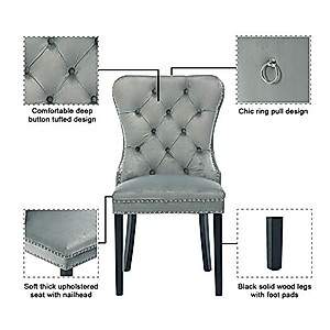 Guyou Upholstered Velvet Dining Chairs Set of 6, Dining Room Chairs Tufted Cushion Back Elegant Victoria Retro Accent Chairs with Solid Wood Legs for Living Room/Kitchen (Light Gray, with Ring)