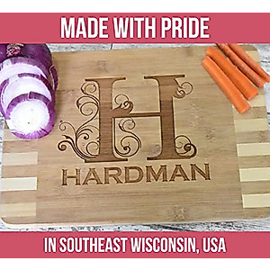 Brew City Engraving - Monogram Letter Bamboo Cutting Board Personalized & Laser Engraved Name; Present for Birthdays Housewarmings Client Gifts Weddings Anniversaries Parents Couples & Friends