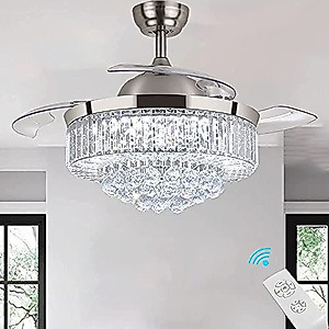42inches Brushed Nickel crystal Ceiling Fan Indoor with Light and Remote,Ceiling Fans Retractable Blades Bedroom Ceiling Fan with Lights and Remote Control LED Ceiling Fan Light Kit