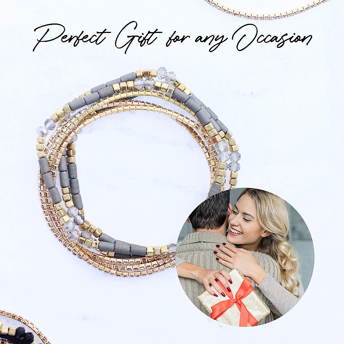 NTLX Multi Strand Beaded Stackable Stretch Bracelets for Women – Bohemian Boho Style Bracelets – Multi Color Layered Statement Bangles (Black Diamond Grey)