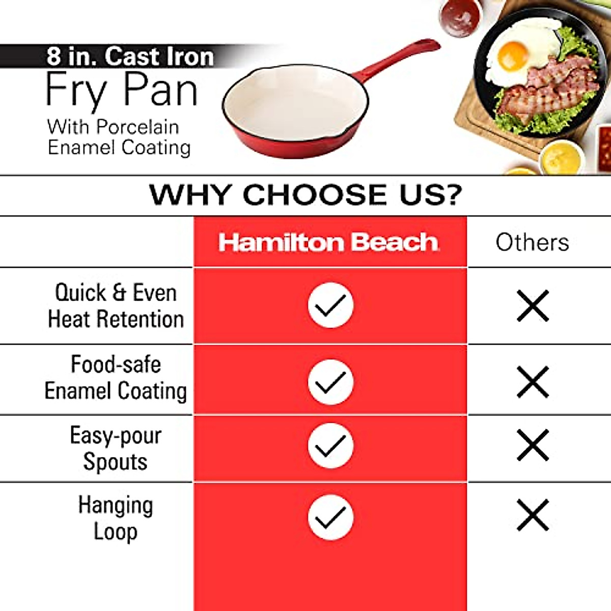 Hamilton Beach Enameled Cast Iron Fry Pan 8-Inch Red, Cream Enamel coating, Skillet Pan For Stove top and Oven, Even Heat Distribution, Safe Up to 400 Degrees, Smooth and Durable