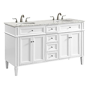 Elegant Kitchen and Bath 60 inch Double Bathroom Vanity Cabinet Set with White Marble Countertop - White