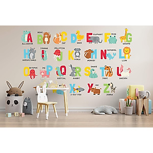 Mienno Alphabet Wall Decals, Animal Alphabet Wall Stickers for Kids Room, Nursery Room, Classroom, Removable Vinyl Animal Alphabet Stickers Decals
