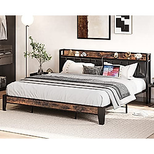 LIKIMIO King Bed Frame, Storage Headboard with Charging Station, Solid and Stable, Noise Free, No Box Spring Needed, Easy Assembly (Vintage and Black)