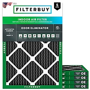 Filterbuy 20x25x1 Air Filter MERV 8 Odor Eliminator (5-Pack), Pleated HVAC AC Furnace Air Filters Replacement with Activated Carbon (Actual Size: 19.50 x 24.50 x 0.75 Inches)