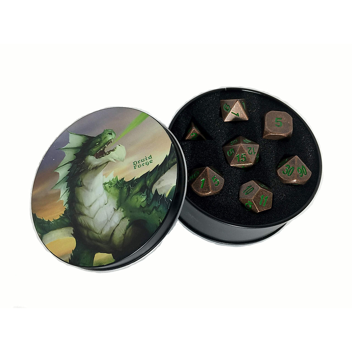 Druid Forge Metal Dice Polyhedral Set of 7 Chaotic Copper D&D RPG Ancient Copper with Green Numbers