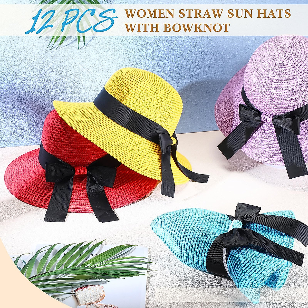 Pasimy 12 Pcs Women Straw Sun Hats with Bowknot Panama Wide Brim Roll up Hat for Women Girls Foldable Floppy Hat Summer Cap for Beach Travel Outdoor Pool Multicolor