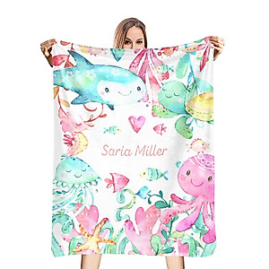 Sea Ocean Octopus Whale Personalized Baby Blanket for Girl Boy Soft Warm Newborn Throw Naps Swaddle Custom Blanket 30X40 in