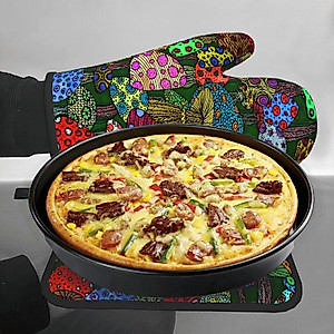 Dewoofly Forest Mushroom Art Painting Heat Resistant Oven Mitts and Pot Holders Sets, Thick Kitchen Gloves for BBQ