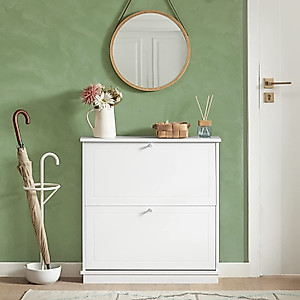 Haotian Shoe Cabinet with 2 Flip-Drawers, Freestanding Shoe Rack, Narrow Shoe Organiazer, Freestanding Shoe Rack, White, FSR99-W, 7.1" D x 29.9" W x 30.7" H, FSR99-W