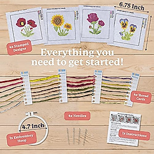 Cross Stitch Kits for Beginners (Flower Theme - 6.75 Inch - 4 Pack 1 x Embroidery Hoop) DIY Embroidery Needlepoint Patterns for Adults, Includes Poppy, Rose, Sunflower and Pansy. Complete Set Included