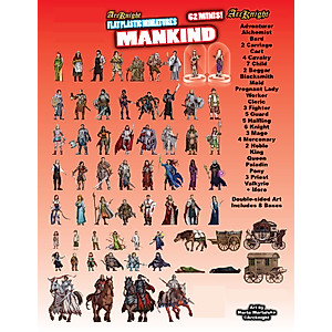 Arcknight Flat Plastic Miniatures: Mankind; 62 Unique Human-Themed Minis for DND 5e and Pathfinder; Affordable, Skinny Figurines for Dungeons and Dragons and Other Tabletop RPG Games