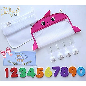 Bath Toy Storage Set of 2 + 10 Eco-Safe Foam Numbers | Bath Toy Organizer Mesh Net Shower Caddy for Baby Bath Toys for Toddlers | Quick Dry Bathroom Decor Bath Toy Holder