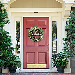 Sggvecsy Green Artificial Eucalyptus Wreath with Welcome Sign 20in Spring Summer Wreath with White Berries for Front Door Wall Window Festival Porch Farmhouse Patio Garden Decor