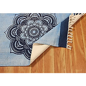Casavani Indian Handmade Cotton Dhurrie Floral Blue & Black Area Rug Boho Kilim Flat Weave Rug Indoor Hall Room Decor Carpet Throw Rugs for Bedroom Living Room Bathroom Balcony 2x3 Feet