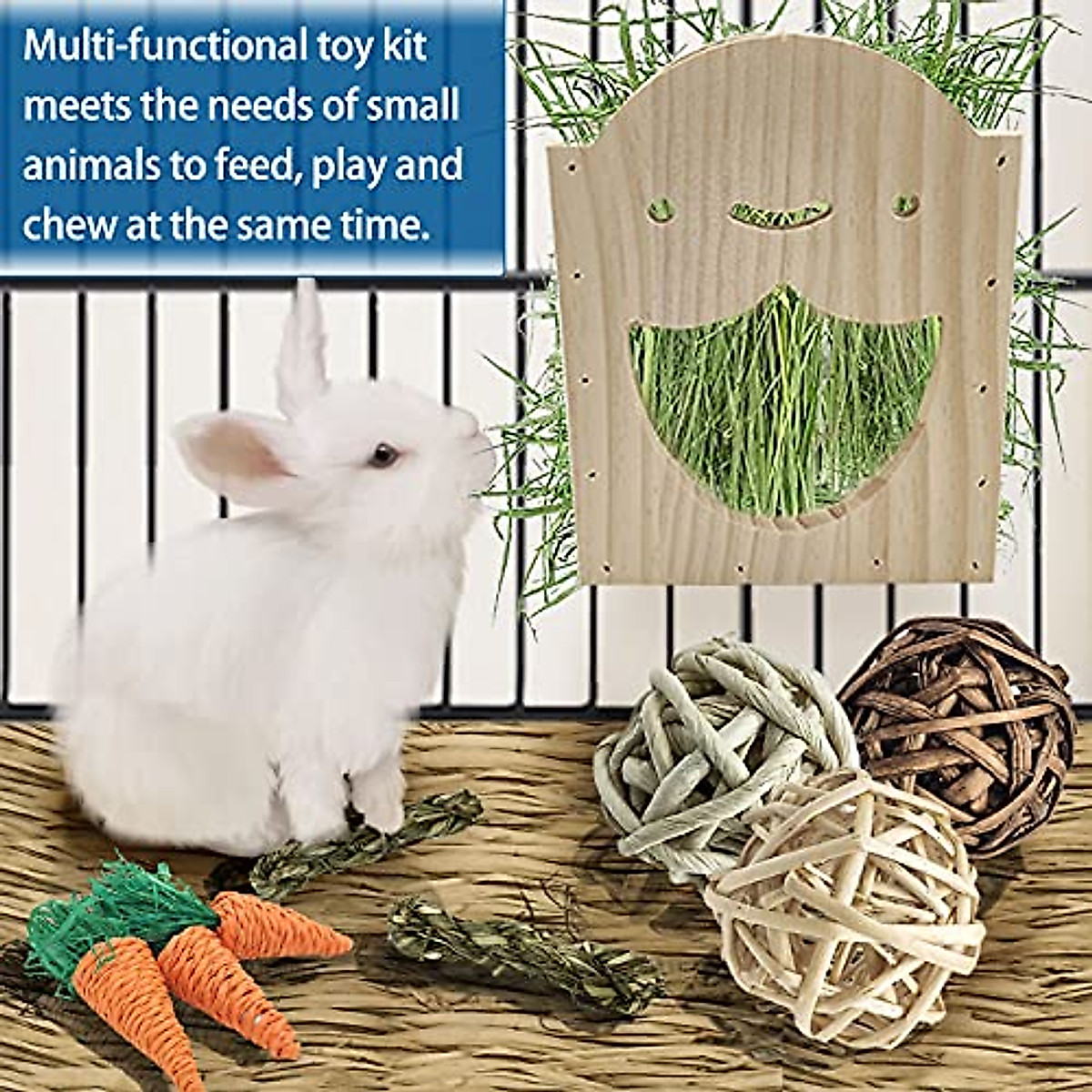 Hamiledyi Wood Rabbit Hay Feeder for Cage Bunny Hay Manger Rack Small Animals Feeding Holder Wooden Grass Dispenser with Chew Toys for Guinea Pig Chinchilla Hamster 9Pcs