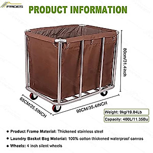 Commercial Laundry Cart on Wheels, 11.35 Bushels Large Laundry Roller with Removable Waterproof Canvas Lined Basket, Heavy Duty Stainless Steel Laundry Basket for Hotels and Hospitals