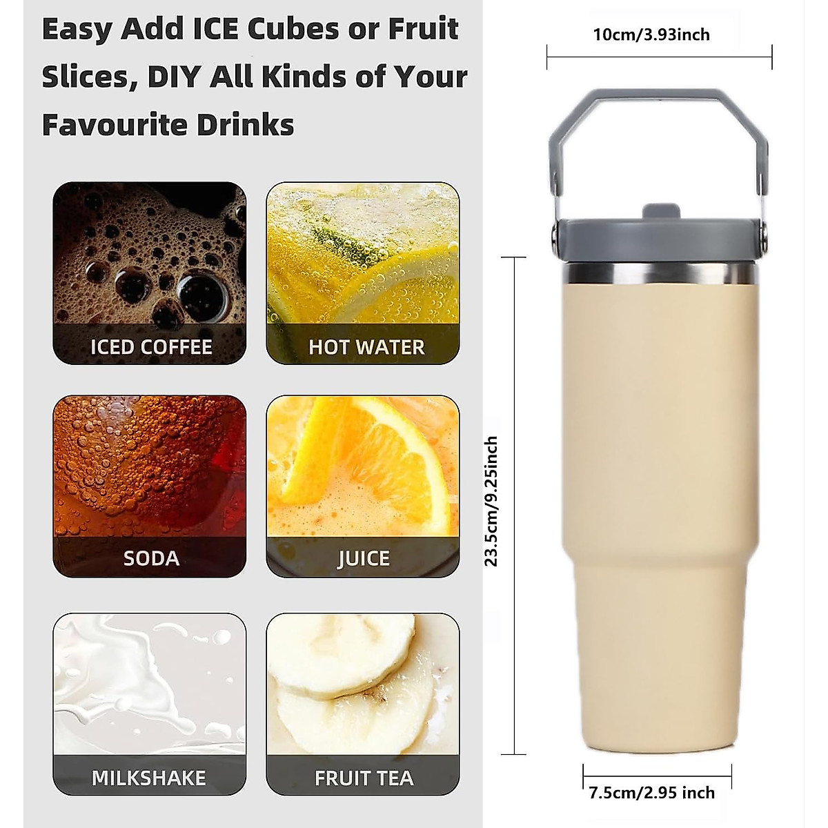 Facdiary 30oz Tumbler With Straw Lid Vacuum Sealed Insulated Cup Reusable Stainless Steel Water Bottle Trave for Water, Iced Tea or Coffee (Off-white)