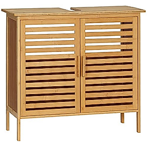 kleankin Bamboo Under Sink Cabinet with 2 Slatted Doors, Freestanding Bathroom Sink Cabinet, Bathroom Vanity Cabinet, Natural