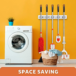 IMILLET Broom Holder Wall Mount, Wood Broom Holder with 5 Racks and 4 Hooks Broom Organizer, Laundry Room Organization and Storage, Mop Hanger for Home Organization, Garden, Garage, Closet (White)