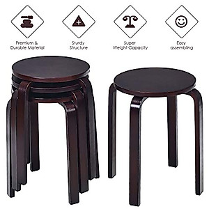 COSTWAY Stackable Bentwood Stools Set of 4, 18-Inch Height Backless Counter Chairs with Round Top, Anti-Slip Felt Pad, Portable School Stool for Dining Room, Kitchen, Classroom, Dark Coffee