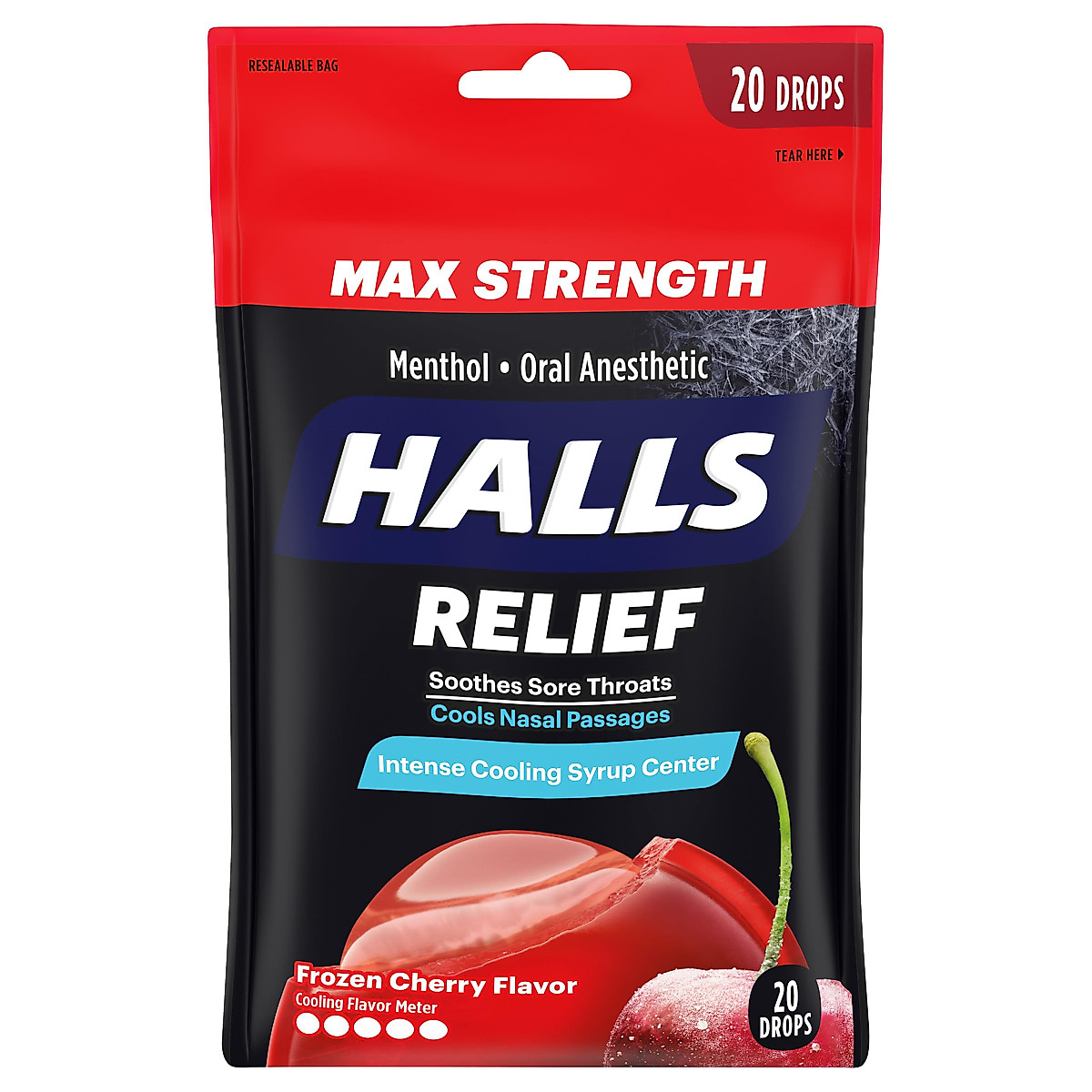 HALLS Relief Max Strength Frozen Cherry Cough Drops, 20 Drops
