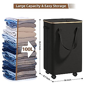 Raybee Rolling Laundry Basket Tall Laundry Hamper with Lid Large Hampers for Laundry with Bamboo Handle on Wheel Laundry Baskets Bins Organizer with Removable Bag for Dirty Clothes, Toys, Black