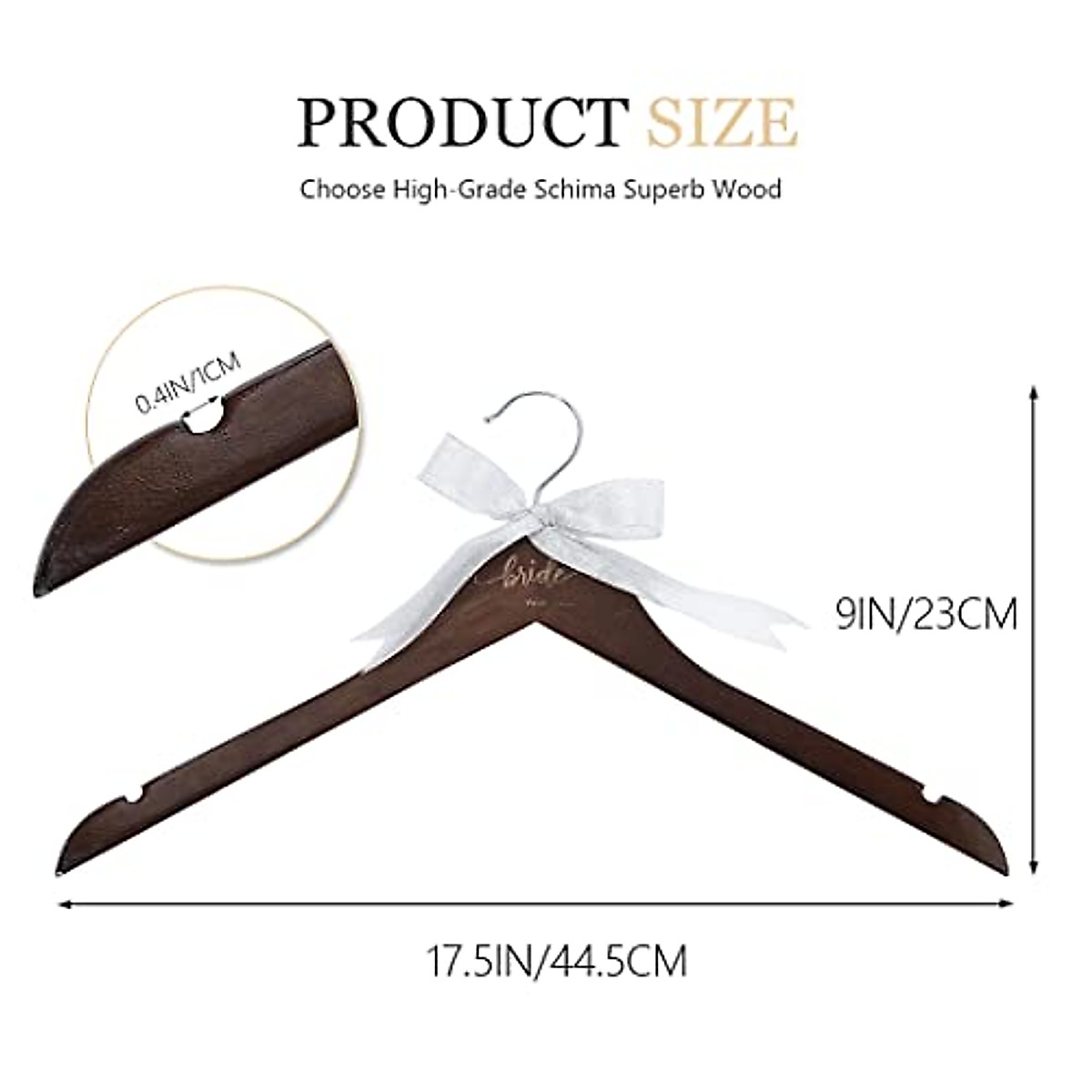 Yean Bow Knot Wedding Hangers Classic Wood Color Bride Dress Hanger Groom Suit Hanger Engraved Bridal Gown Hanger for Women and Men (Bride (Pack of 1)
