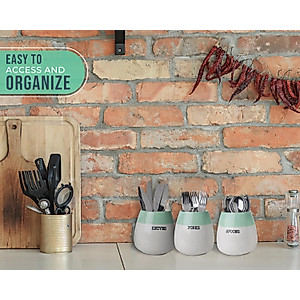 Ceramic "Honeypot" Cutlery Holder - Set of 3 - Farmhouse Silverware Caddy for Kitchen Countretop - Decorative Spoon, Fork & Knife Holder for Parties & More - Rustic Caddy Made of Premium Ceramic