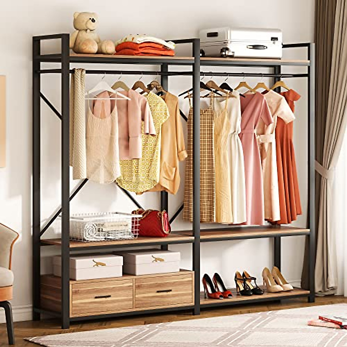 Tribesigns Freestanding Wood Garment Racks, Clothing Rack with Shelves and Drawers, Heavy Duty Metal Clothing Rack, Closet Organizer for Bedroom Walk-in Wardrobe