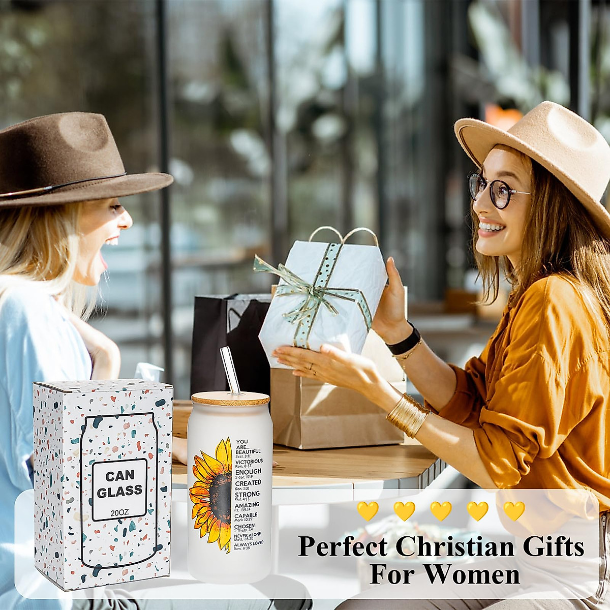 Christian Gifts for Women, Catholic Faith Religious Gift, Friendship Birthday Gifts for Friends, Spiritual Inspirational ＆ Encouragement-20 oz Can Glass, Uplifting Sunflower Gift for Sister, Mom